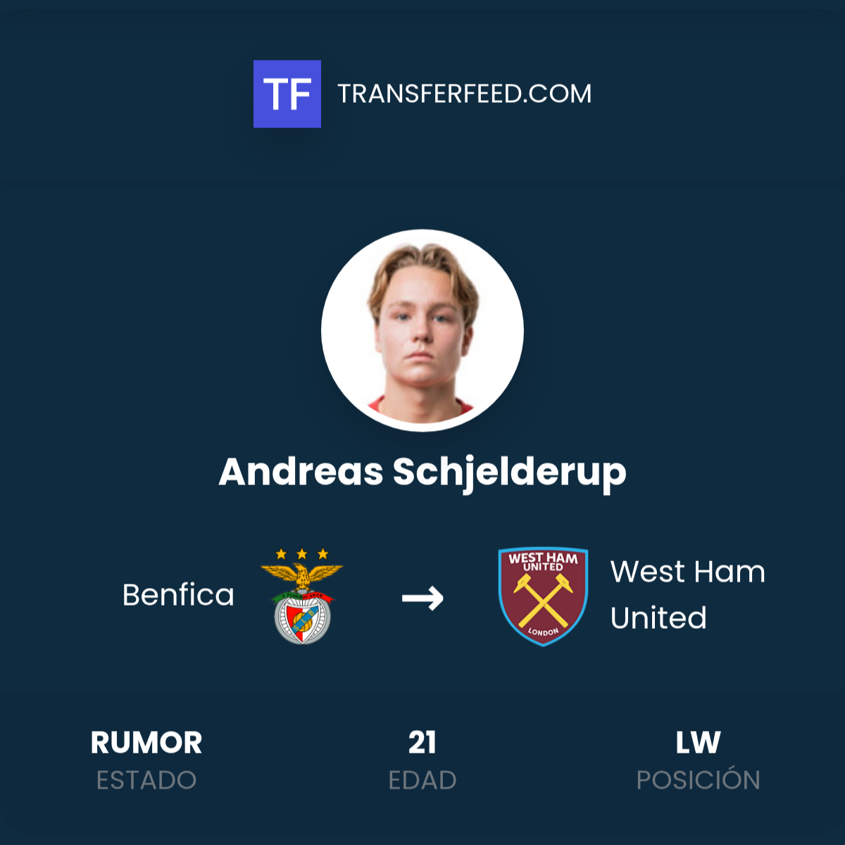 Fichaje de Andreas Schjelderup: Benfica a West Ham United - TransferFeed