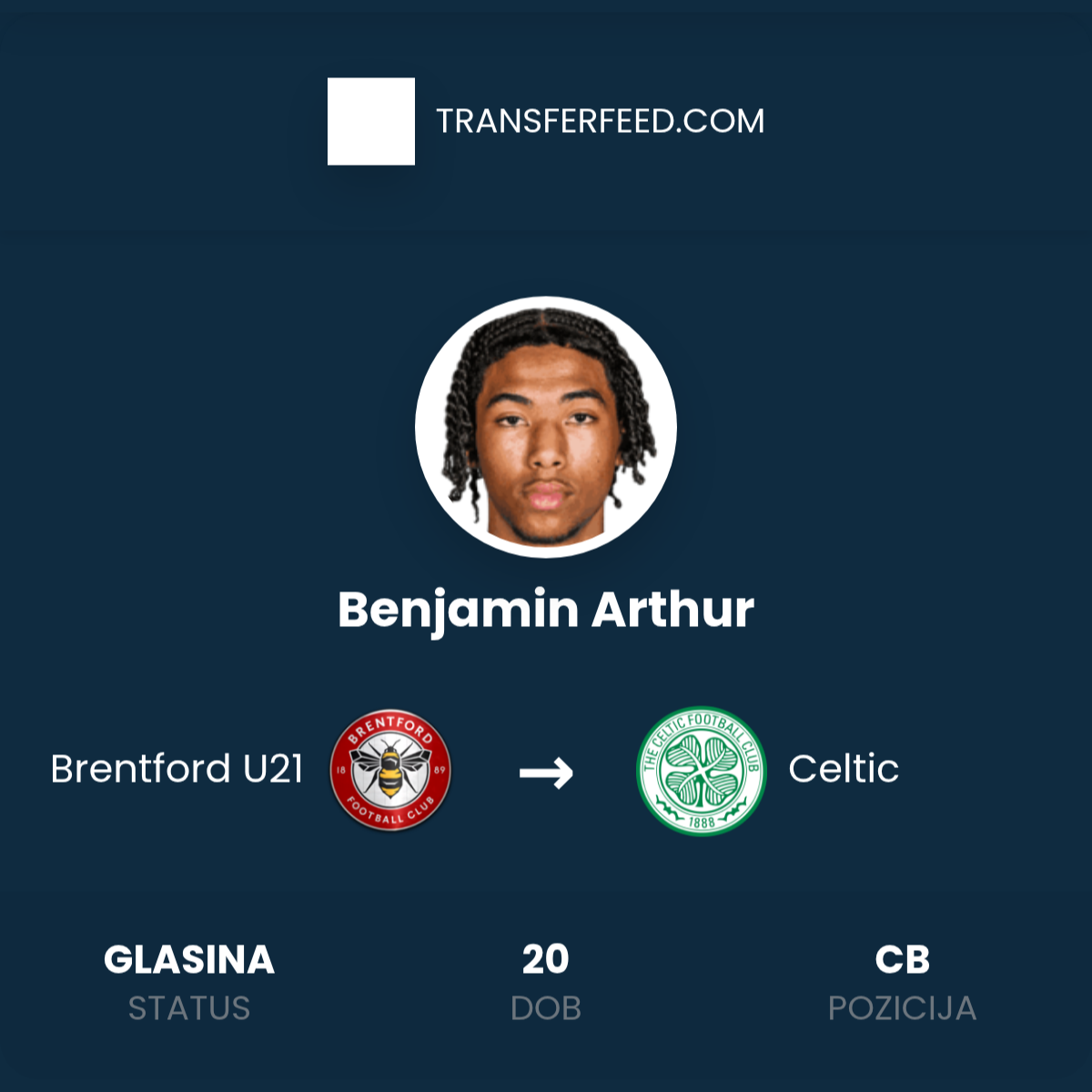 Benjamin Arthur Transfer: Brentford U21 -> Celtic - TransferFeed