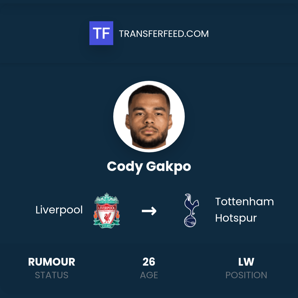 Cody Gakpo Transfer from Liverpool to Tottenham Hotspur - TransferFeed