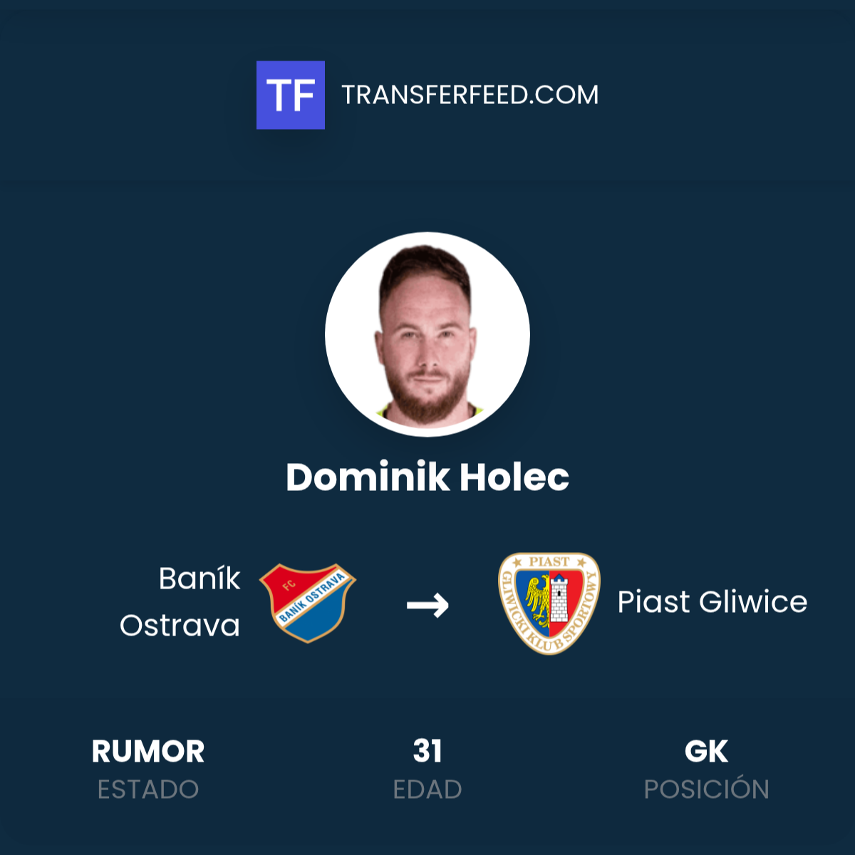 Fichaje de Dominik Holec: Baník Ostrava a Piast Gliwice - TransferFeed