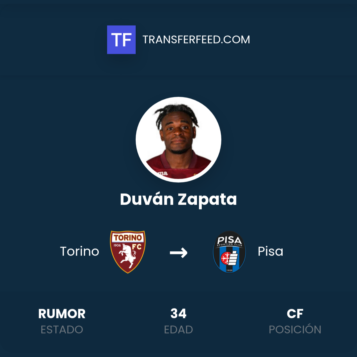 Fichaje de Duván Zapata: Torino a Pisa - TransferFeed