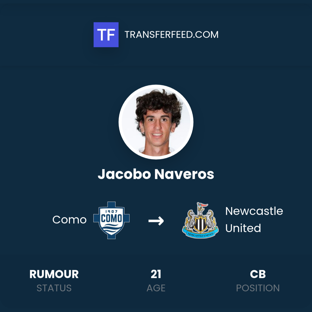 Jacobo Naveros Transfer from Como to Newcastle United - TransferFeed