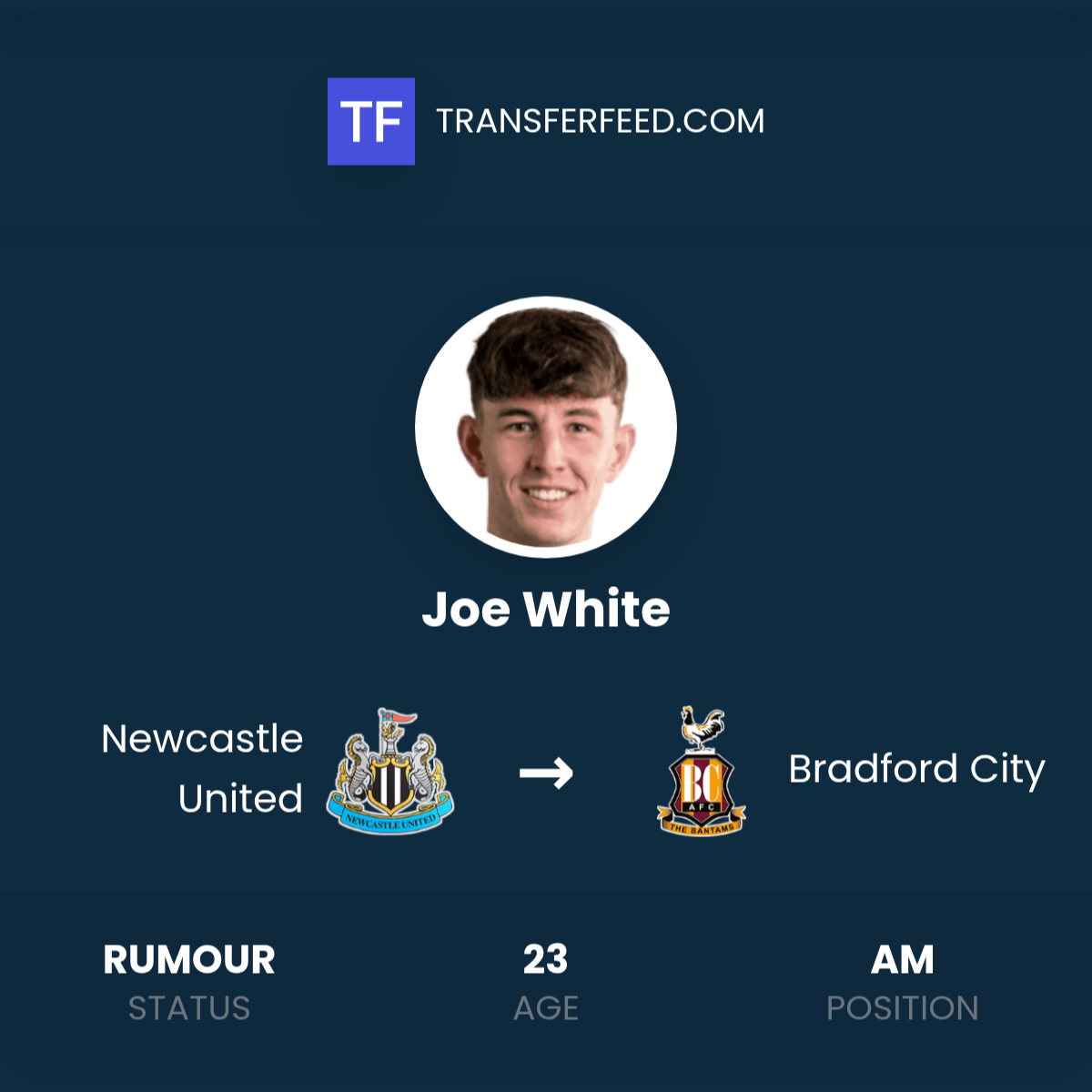 Joe White Transfer from Newcastle United to Bradford City - TransferFeed