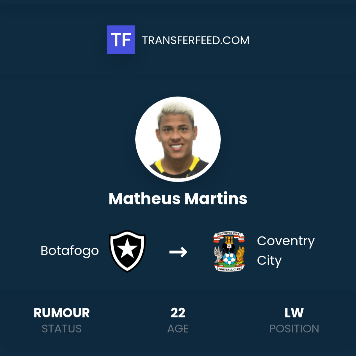 Matheus Martins Transfer from Botafogo to Coventry City - TransferFeed