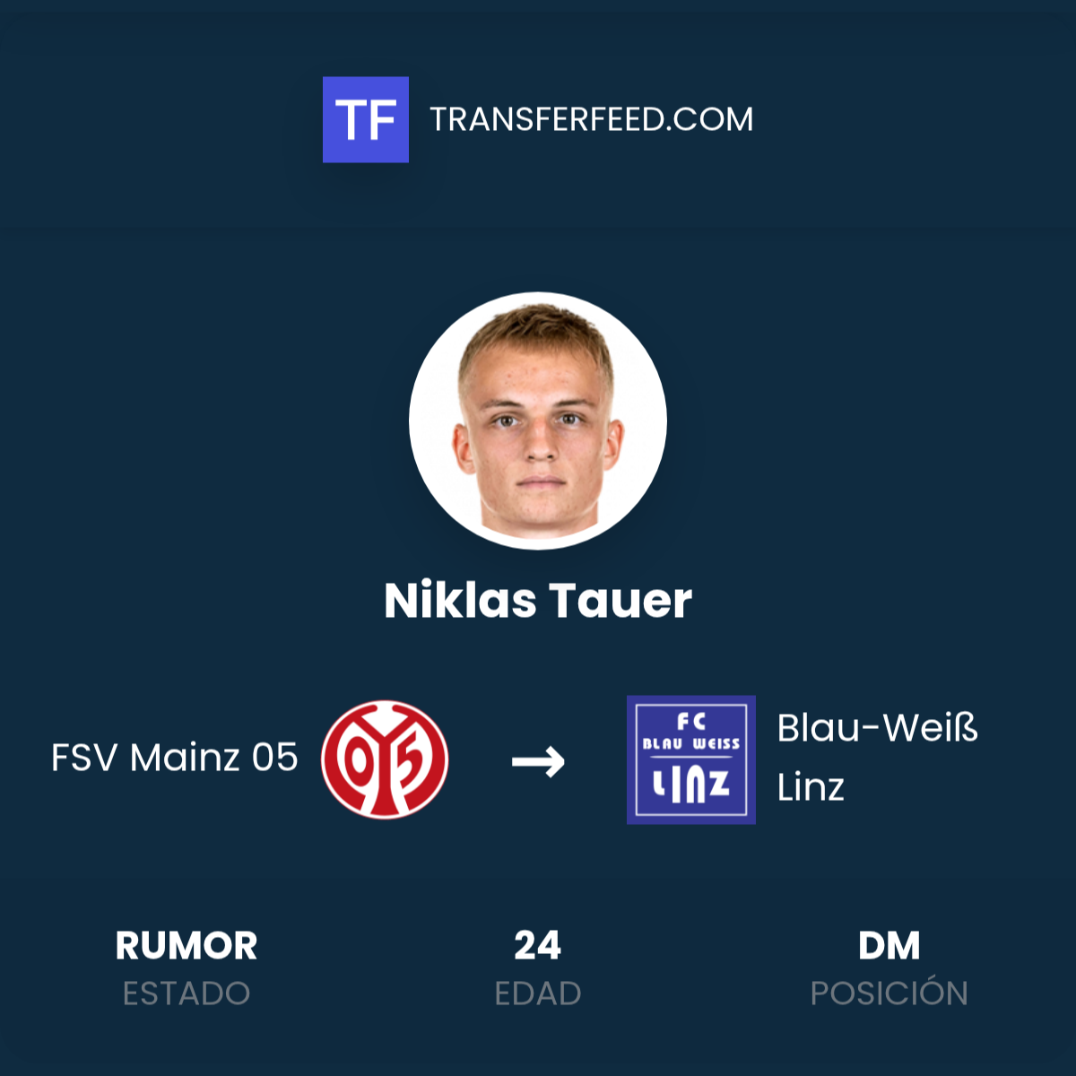 Fichaje de Niklas Tauer: FSV Mainz 05 a Blau-Weiß Linz - TransferFeed