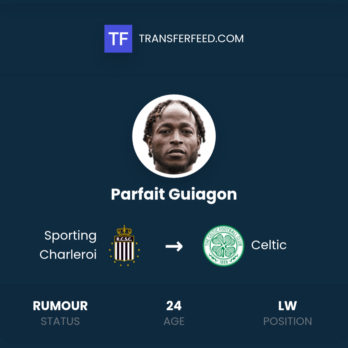 Parfait Guiagon Transfer from Sporting Charleroi to Celtic - TransferFeed
