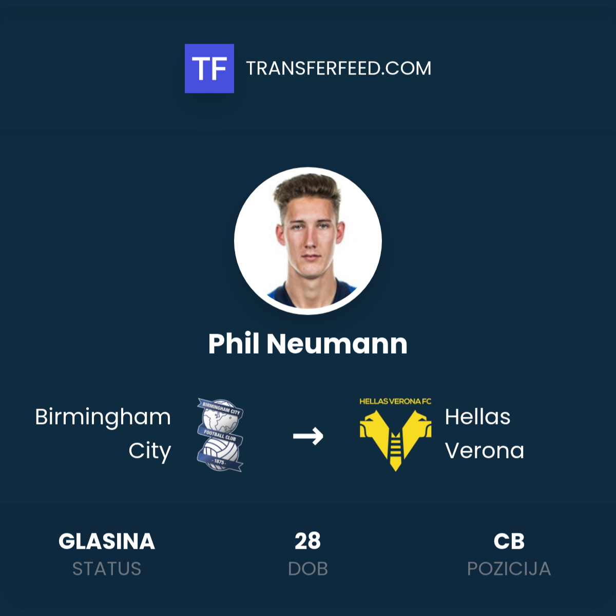 Phil Neumann Transfer: Birmingham City -> Hellas Verona - TransferFeed