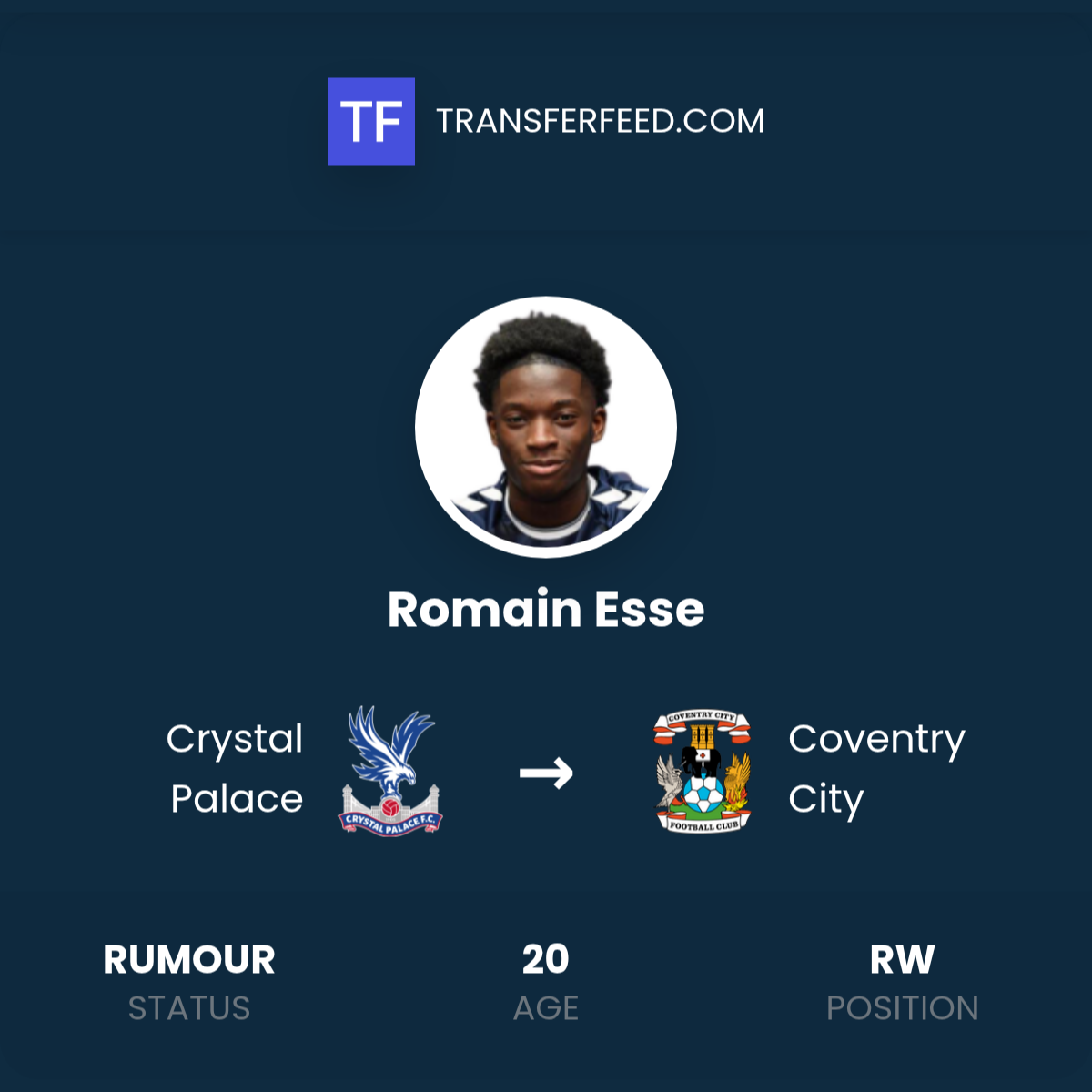 Romain Esse Transfer from Crystal Palace to Coventry City - TransferFeed