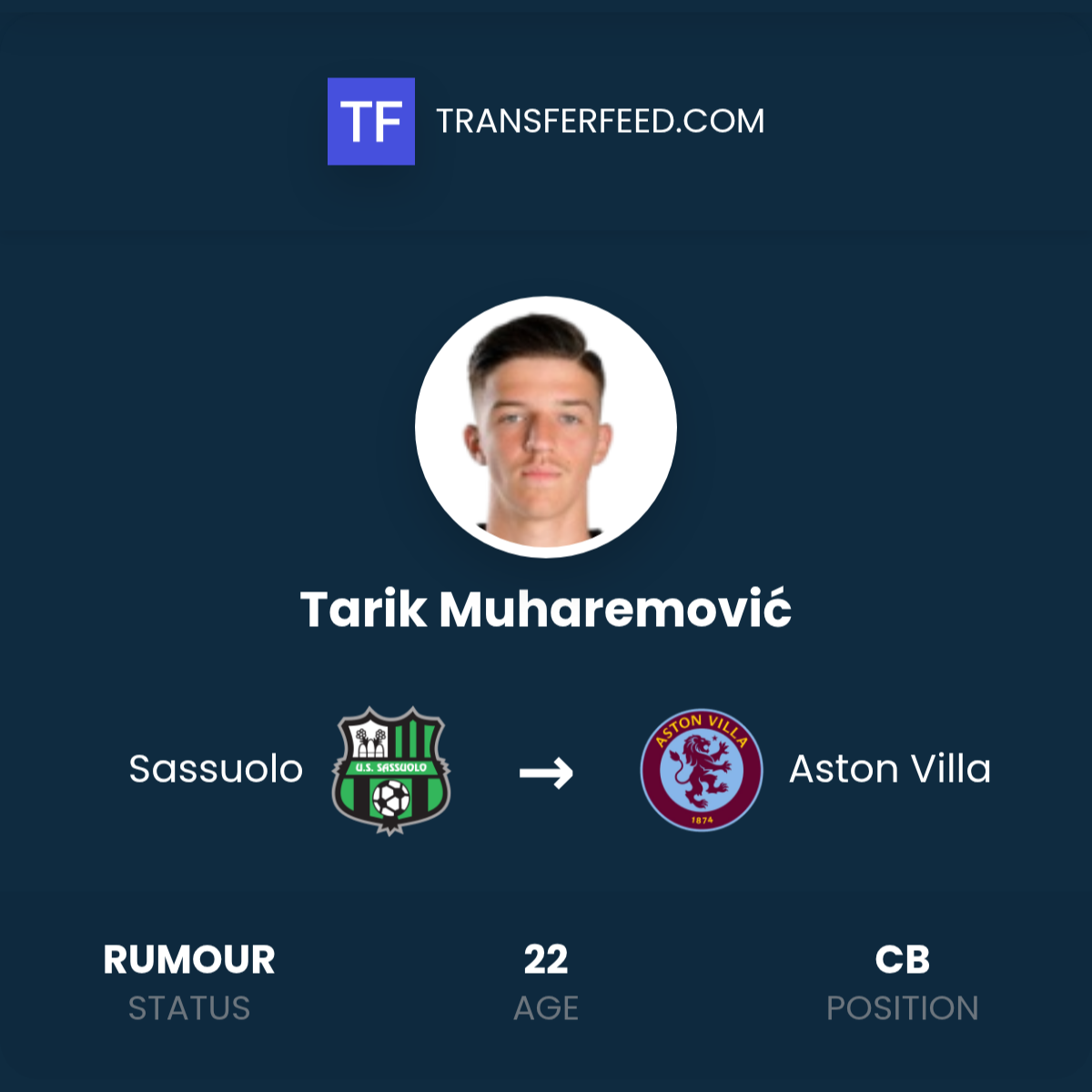 Tarik Muharemović Transfer from Sassuolo to Aston Villa - TransferFeed