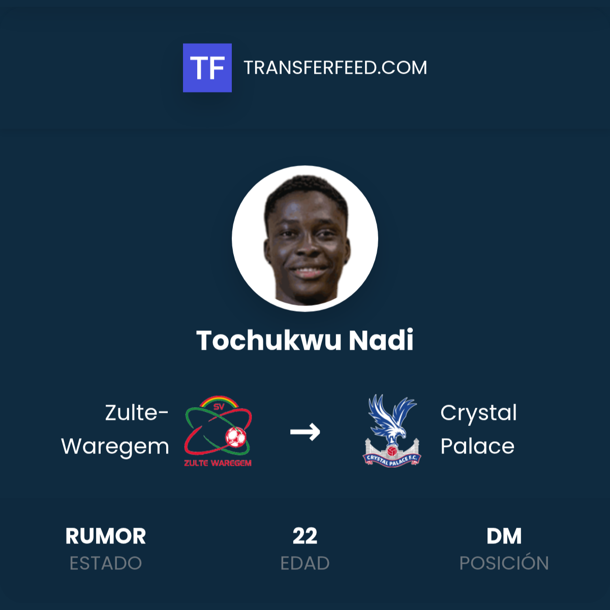 Fichaje de Tochukwu Nadi: Zulte-Waregem a Crystal Palace - TransferFeed